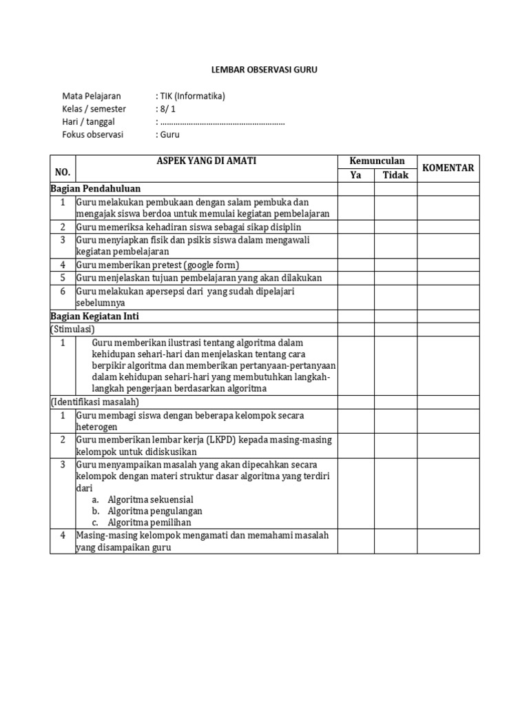 Lembar Observasi Guru | PDF