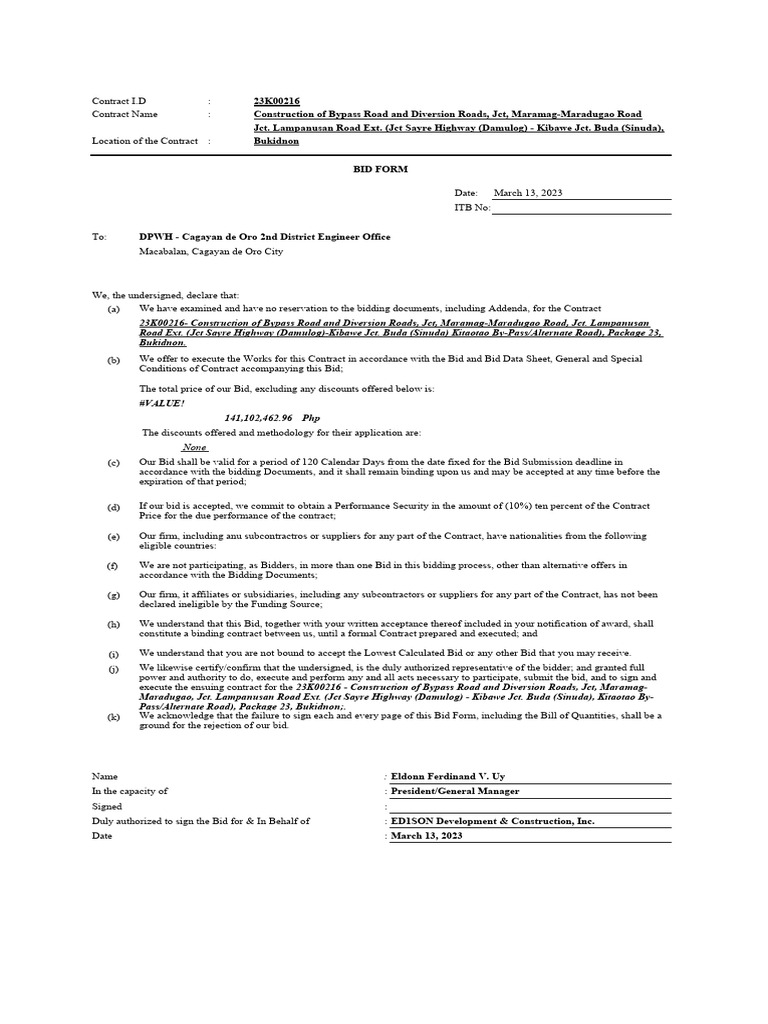 23k00216-Construction of Bypass Road and Diversion Roads, JCT, Maramag-Maradugao Road | PDF ...