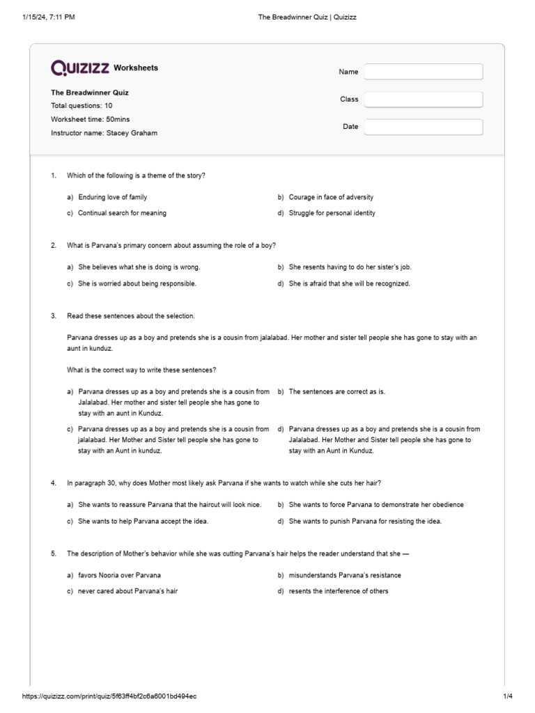 The Breadwinner Quiz - Quizizz | PDF