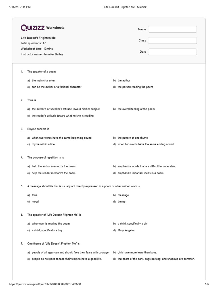 Life Doesn't Frighten Me - Quizizz | PDF | Poetry