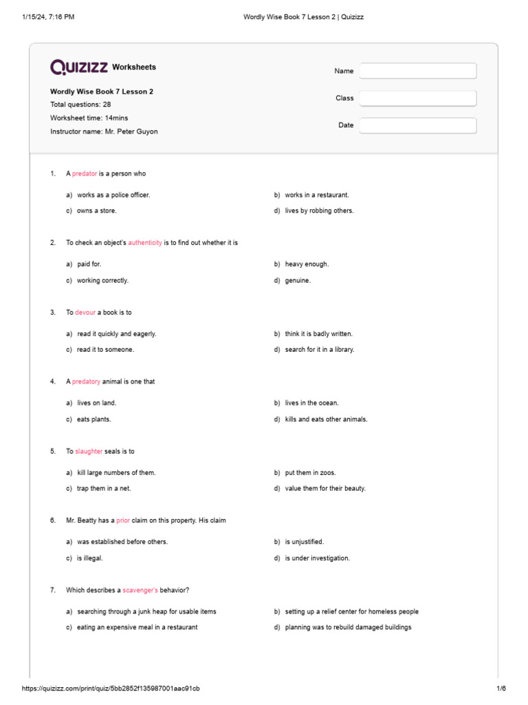 Wordly Wise 7 Lesson 2 Answer Key | PDF | Predation