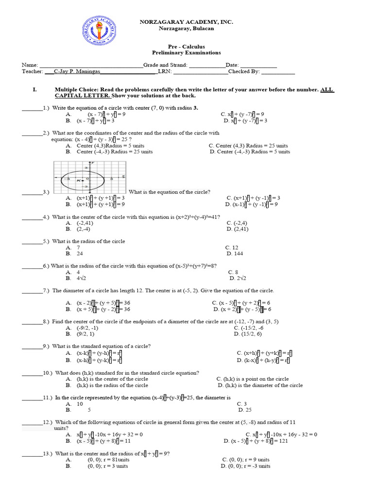 2ND Pre-Calculus-Final-Examination-1st | PDF | Circle | Summation