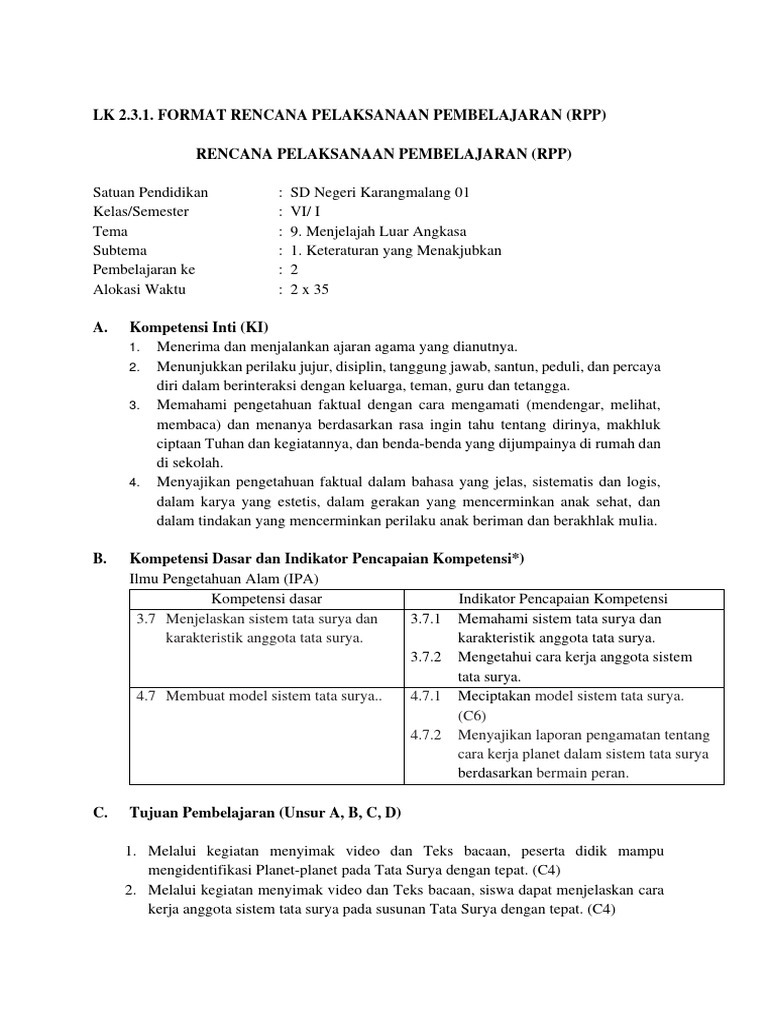 LK 2.3.1 Format RPP PJBL Ipa Tata Surya | PDF
