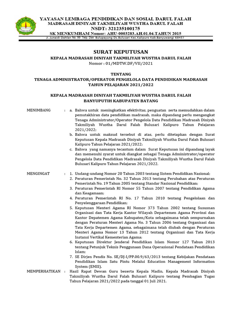 Contoh SK Operator MADIN | PDF