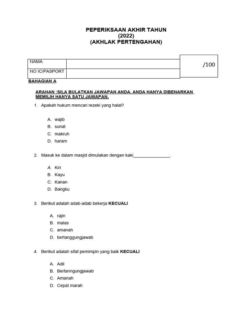 Soalan Peperiksaan Akhlak 2022 | PDF