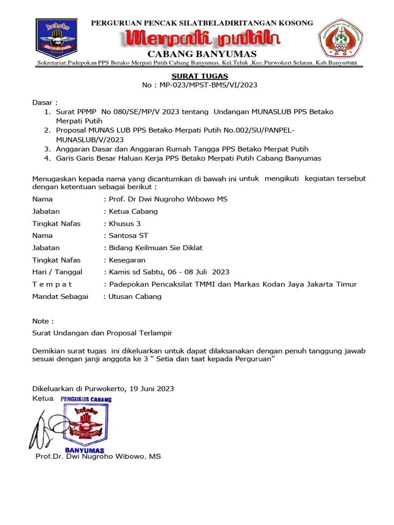 Surat Tugas MUNASLUB PPS Betako 2023 | PDF | Olahraga & Rekreasi ...