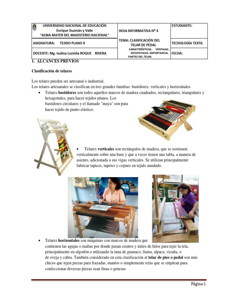 H. Informativa N 4 Clasificación Del Telar de Pedal Isuli | PDF | Telar ...