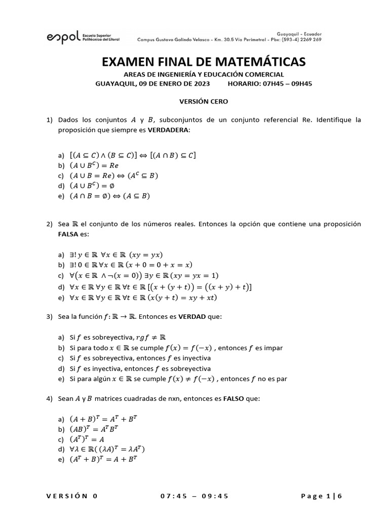 Recopilación Exámenes (Mate-Pre Espol) | PDF | Función (Matemáticas) | Entero