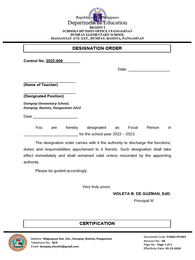 Designation Certification for Coordinatorship Sy 2022 2023 | PDF ...