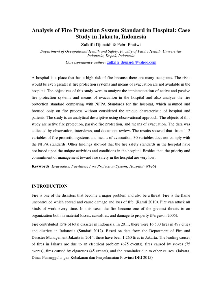 Analysis of Fire Protection System Standard in Hospital Case Study in ...