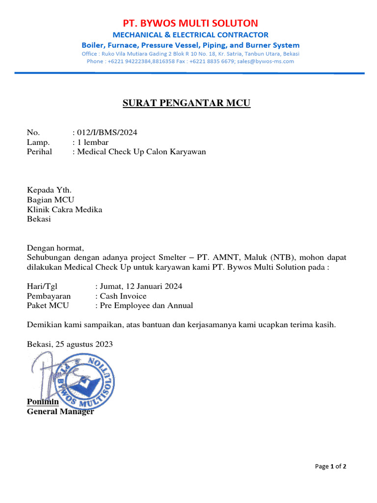 Surat Pengantar MCU Kloter Bekasi HSE1 | PDF