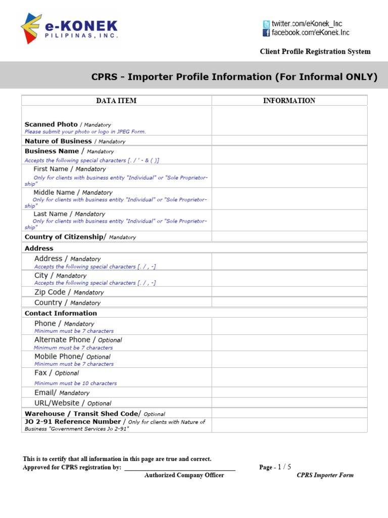 Importer CPRS For Informal ONLY 1631229499 | PDF | Fax | Business