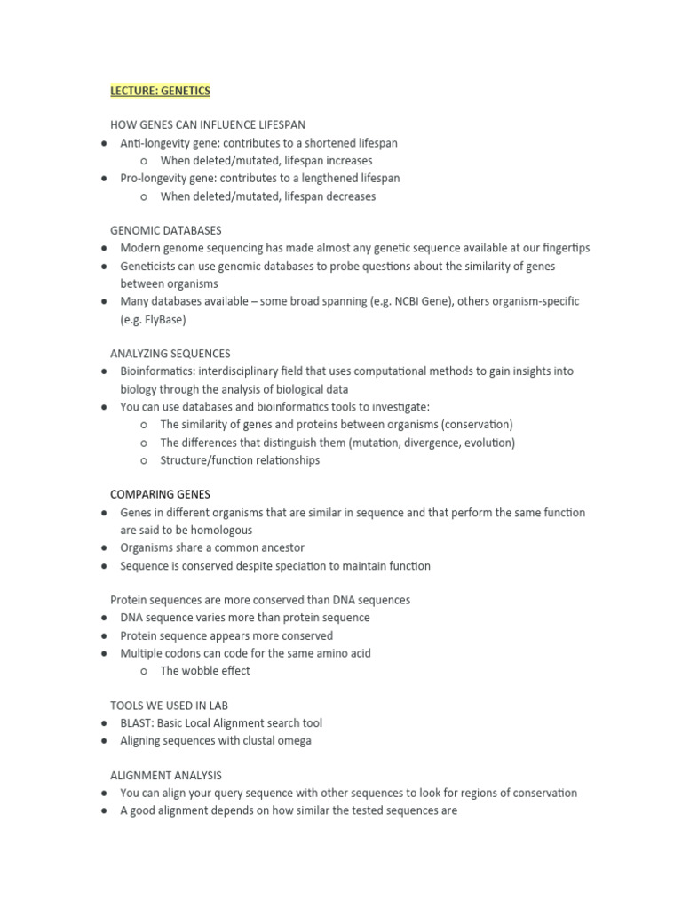 Lecture Genetics | PDF | Conserved Sequence | Sequence Alignment