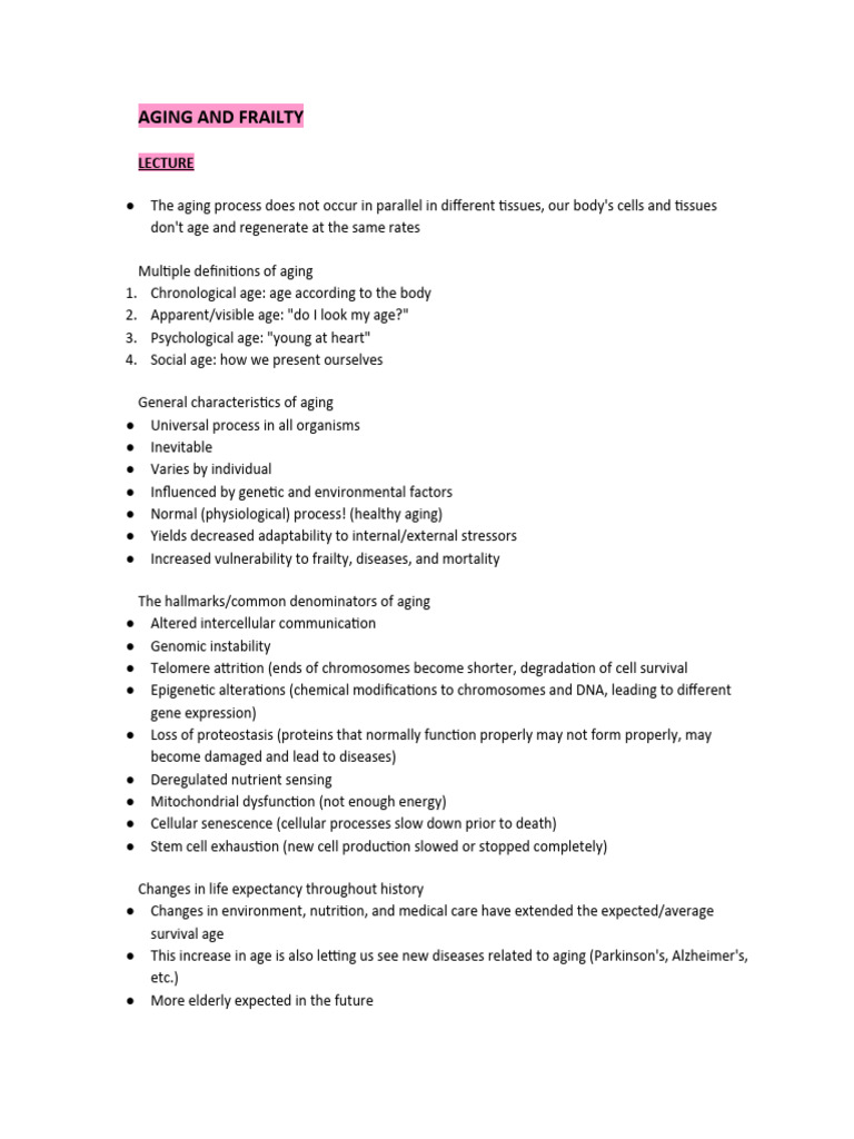 AGING AND FRAILTY - Notes | PDF | Senescence | Causes Of Death