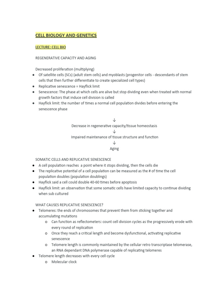 CELL BIOLOGY AND GENETICS - Notes | PDF | Telomere | Senescence