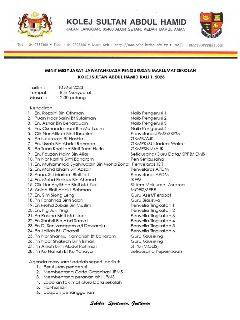 Minit Mesyuarat JPMS Bil 1 2023 | PDF