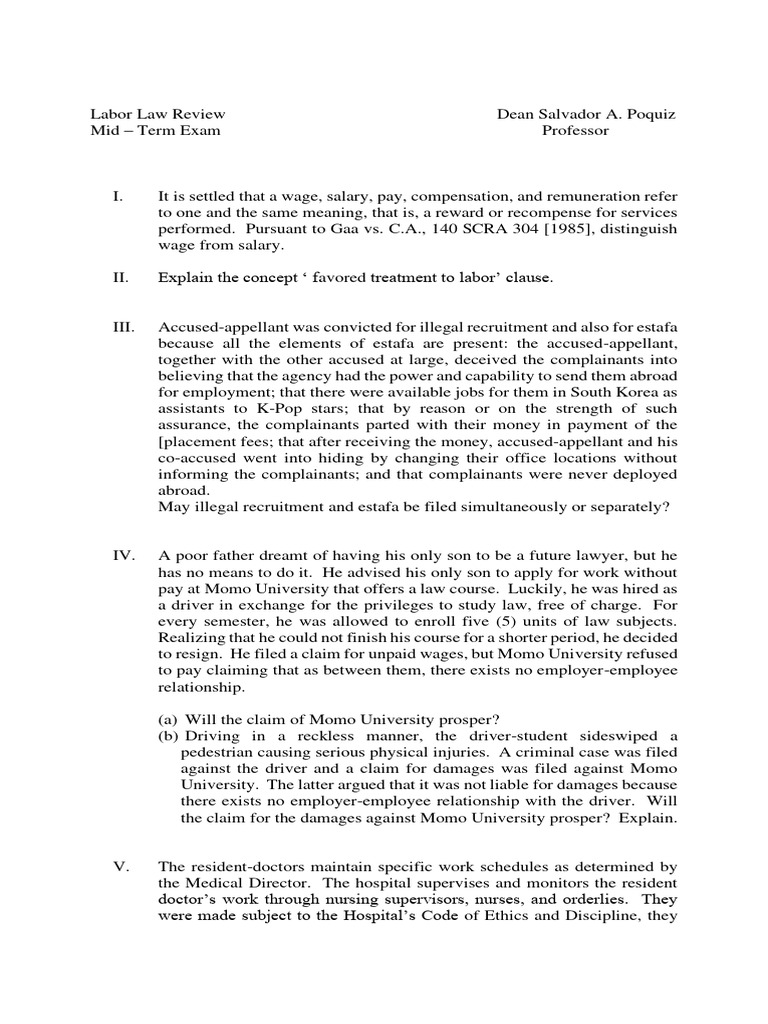 Labor Law Review Midterms Exam Dean Poquiz | PDF | Employment | Salary Labor Law Review Midterms Exam Dean Poquiz | PDF | Employment | Salary