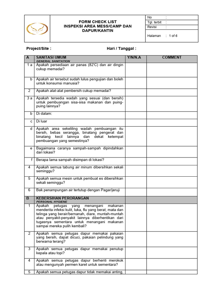 Hygiene Inspeksi Form | PDF