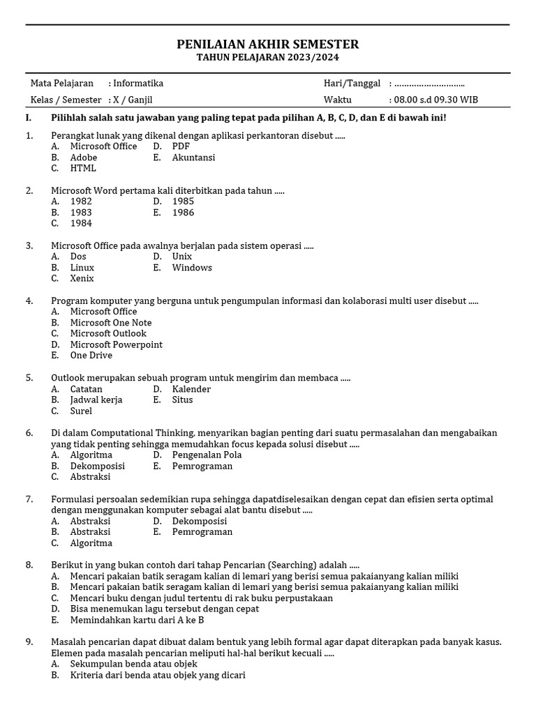 Soal & Jawaban PTS Informatika X - WWW - Kherysuryawan.id | PDF | Metode & Bahan Ajar | Komputer