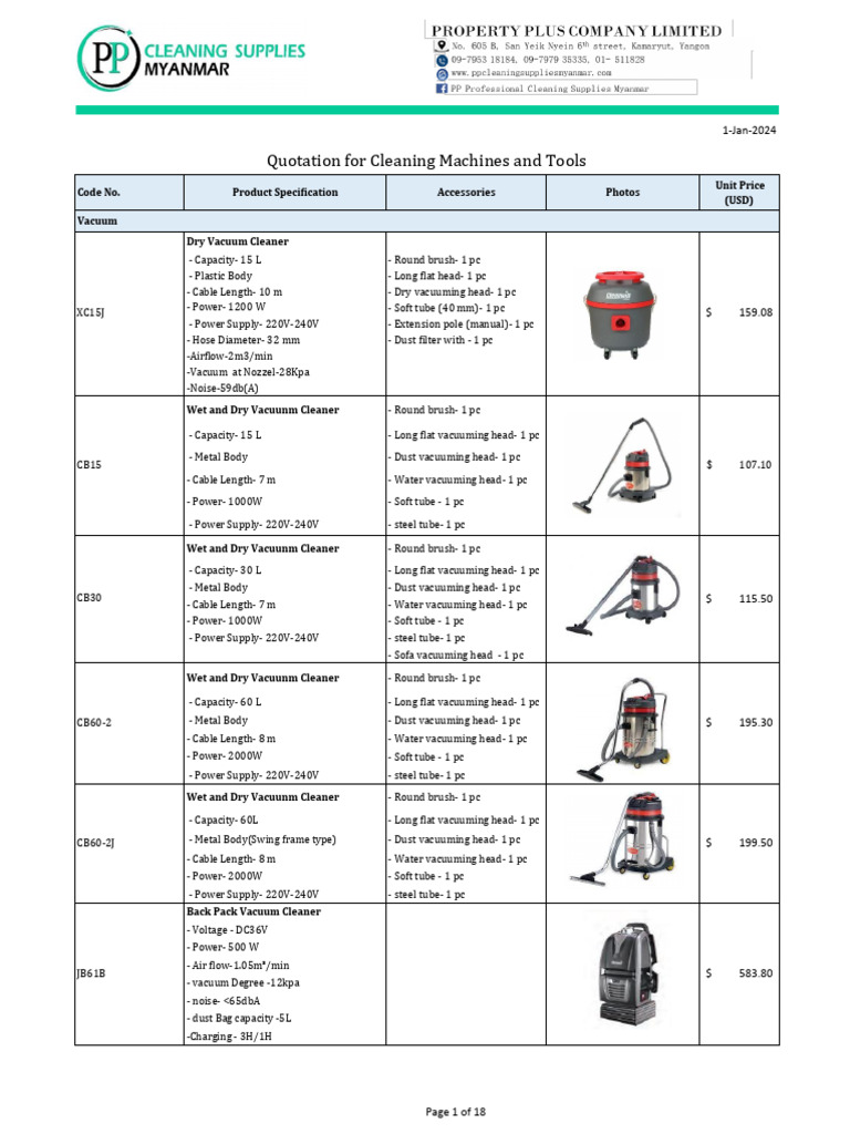 Updated Quotation For Cleaning Machines and Tools - Sept 2023 | PDF | Vacuum Cleaner | Secondary ...