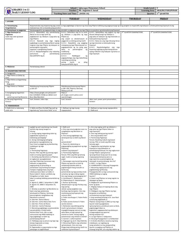 DLL - Araling Panlipunan 5 - Q3 - W10 | PDF
