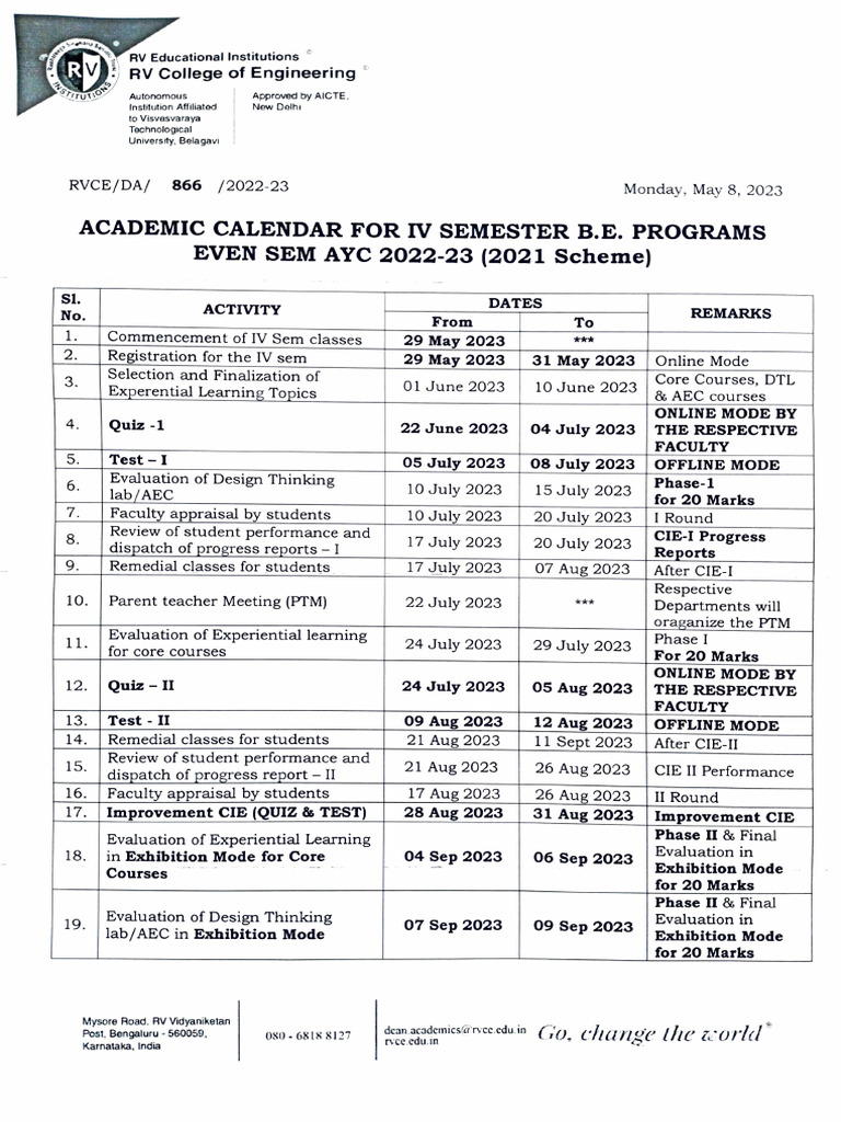 IV SEMESTER B.E. Academic Calendar ACY 2022-23 Even Sem | PDF | Bangalore