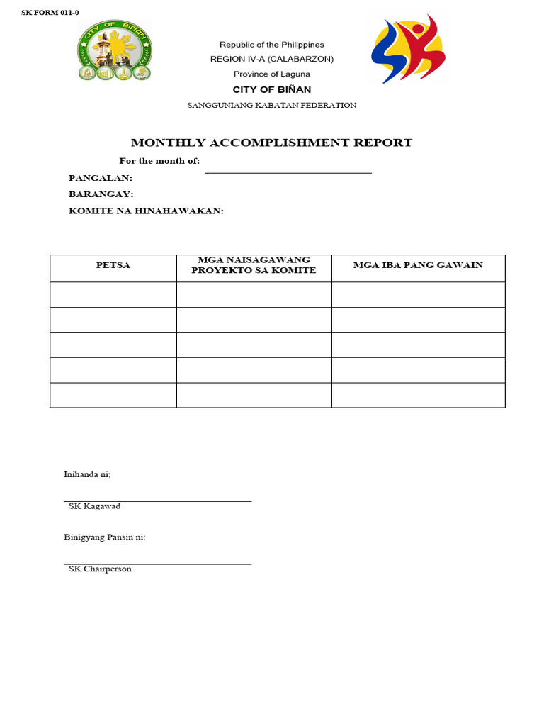 SK Form 011 Individual Monthly Accomplishment Report | PDF