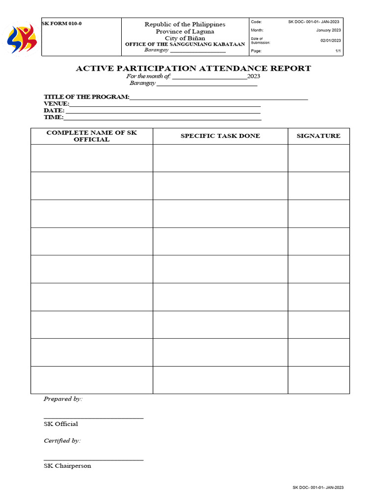 SK Form 010 Active Participation Attendance Report Template (1) | PDF