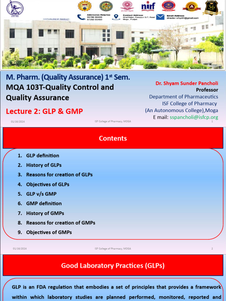 MQA103T LECTURE-2 GLP and GMP | PDF | Health Care | Quality