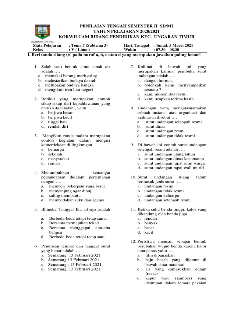 Soal PTS Tema 7 Subtema 3 Kelas 5 2020-2021 | PDF