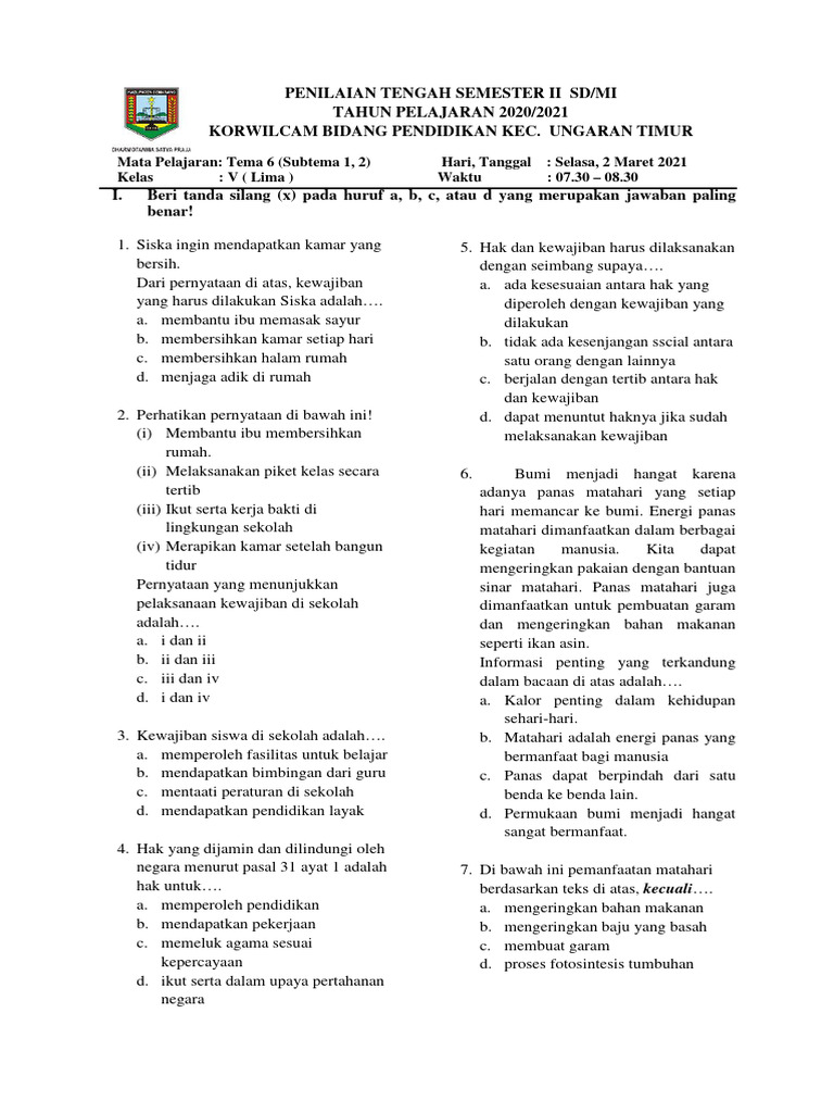 Soal PTS Tema 6 Subtema 1,2 Kelas 5 2020-2021 | PDF