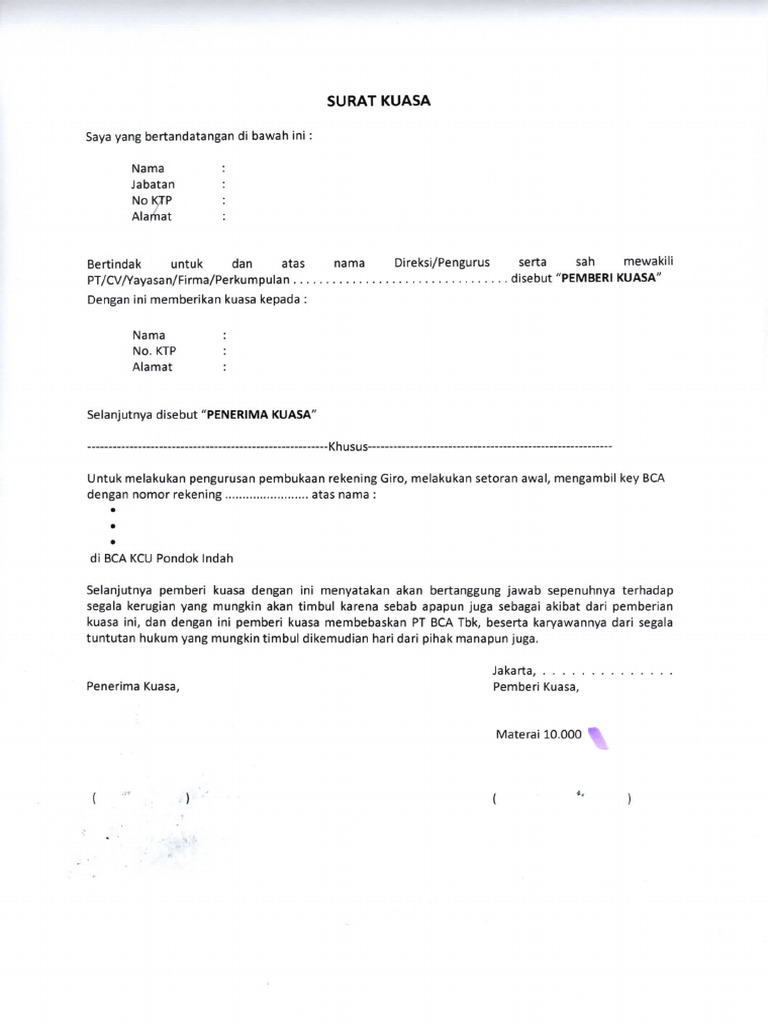 Surat Kuasa BCA (Contoh) | PDF