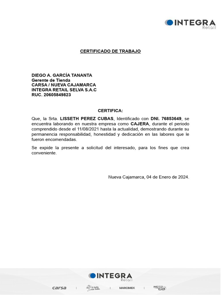 Certificado de Trabajo para Liseth Pérez | PDF