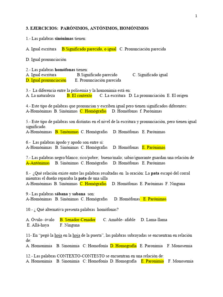3 Ejercicios Parónimos, Antónimos Homónimos Hecho Por Naty | PDF ...