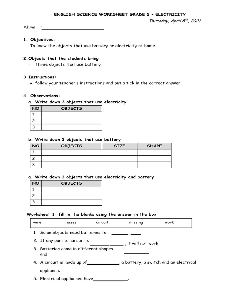 ENGLISH SCIENCE WORKSHEET Electricity | PDF