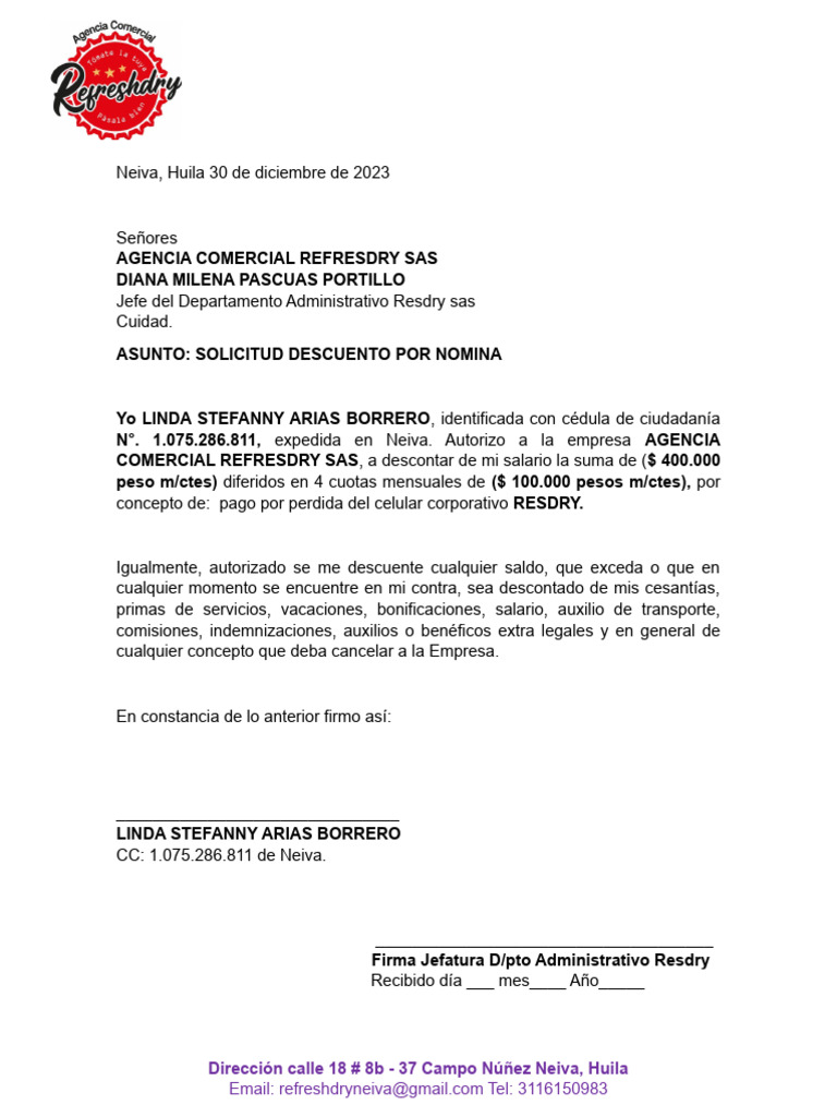 Solicitud de Descuento por Nómina | PDF