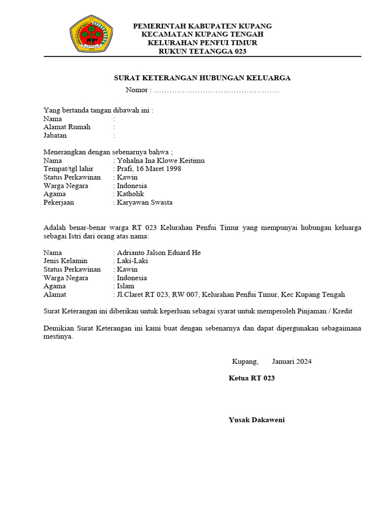 Surat Keterangan Hubungan Keluarga RT 023 | PDF