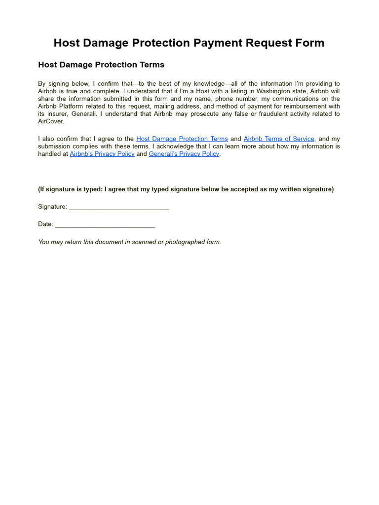 Host Damage Protection Payment Request Form | PDF