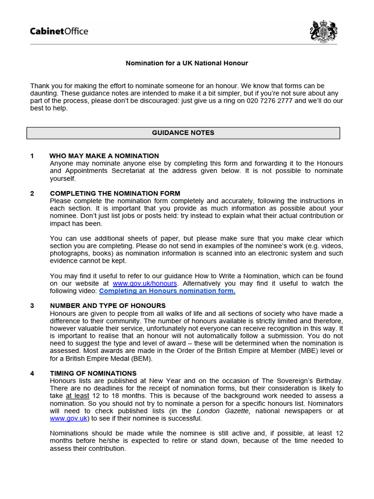 Nomination For A UK National Honour: WWW - Gov.uk/honours | PDF ...