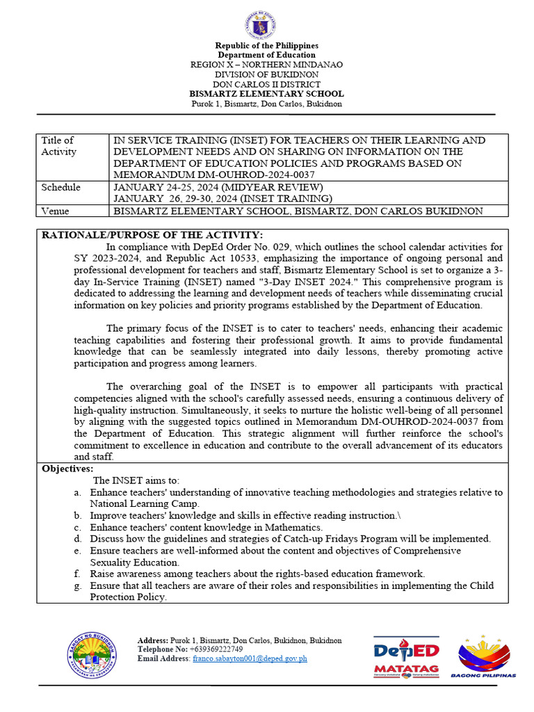 INSET Training for Teachers 2024 | PDF | Teachers | Behavior Modification