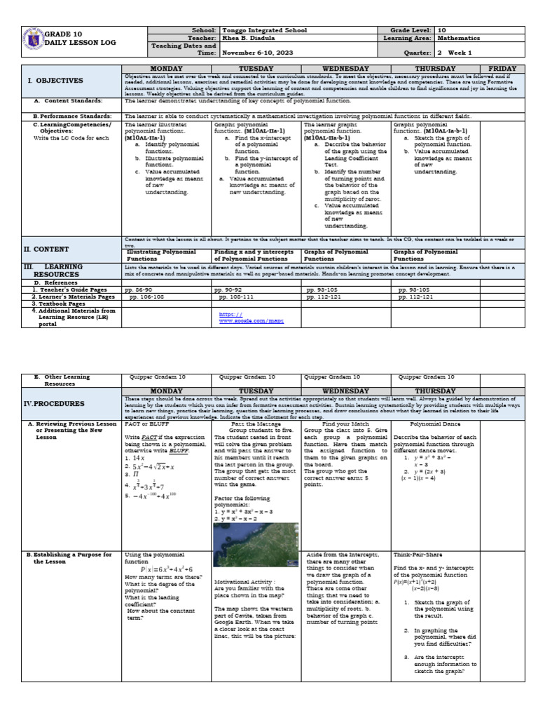 DLL-Math 10 Quarter 2 Week 1 SY 2023-2024 | PDF