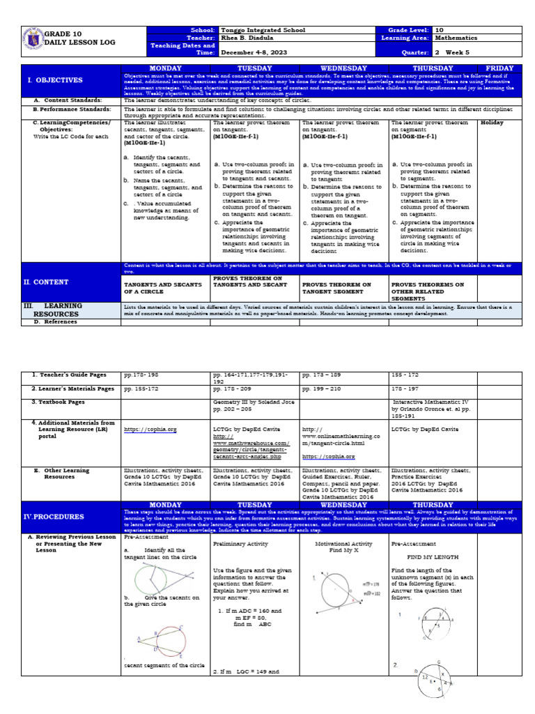 Grade 10 Math Lesson Plan: Circles | PDF | Circle | Trigonometric Functions