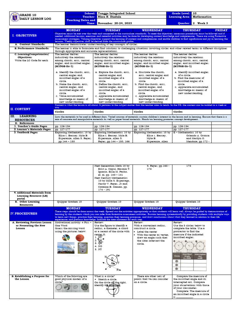 DLL-Math 10 Quarter 2 Week 3 SY 2023-2024 | PDF | Learning | Behavior Modification