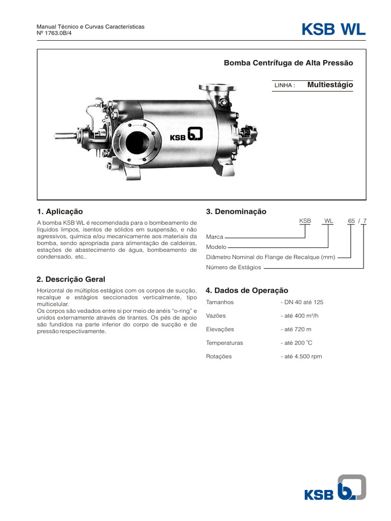 KSB WL: Bomba Centrífuga de Alta Pressão | PDF | Bomba | Motores