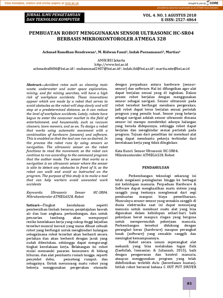 Pembuatan Robot Menggunakan Sensor Ultrasonic Hc-Sr04 Berbasis Mikrokontoroler Atmega 328 | PDF