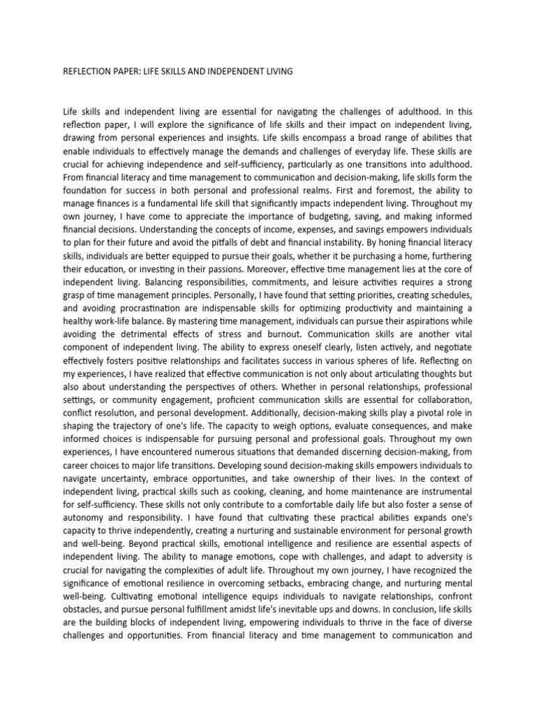 Reflection Paper Life Skills and Independent Living | PDF