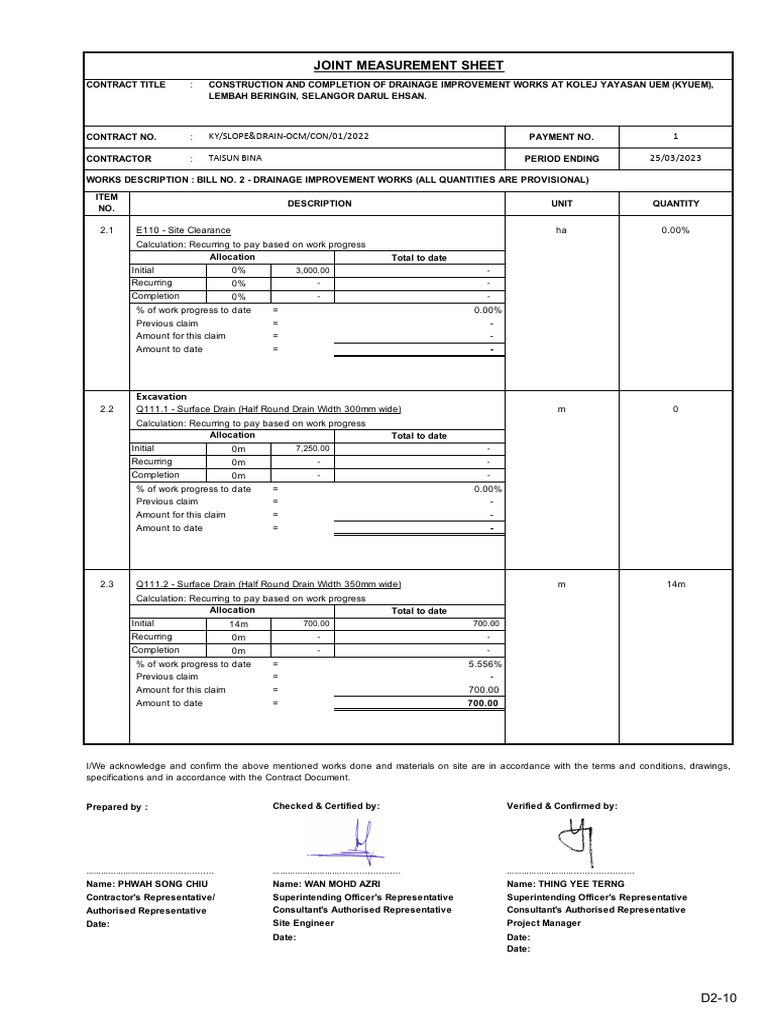 Joint Measurement Sheet: 1 25/03/2023 KY/SLOPE&DRAIN-OCM/CON/01/2022 ...