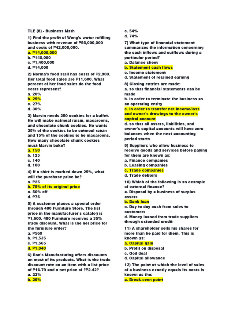 Tle Major Test Set 13 Business Math | PDF