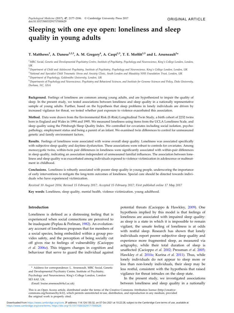 Sleeping With One Eye Open Loneliness and Sleep Quality in Young Adults ...
