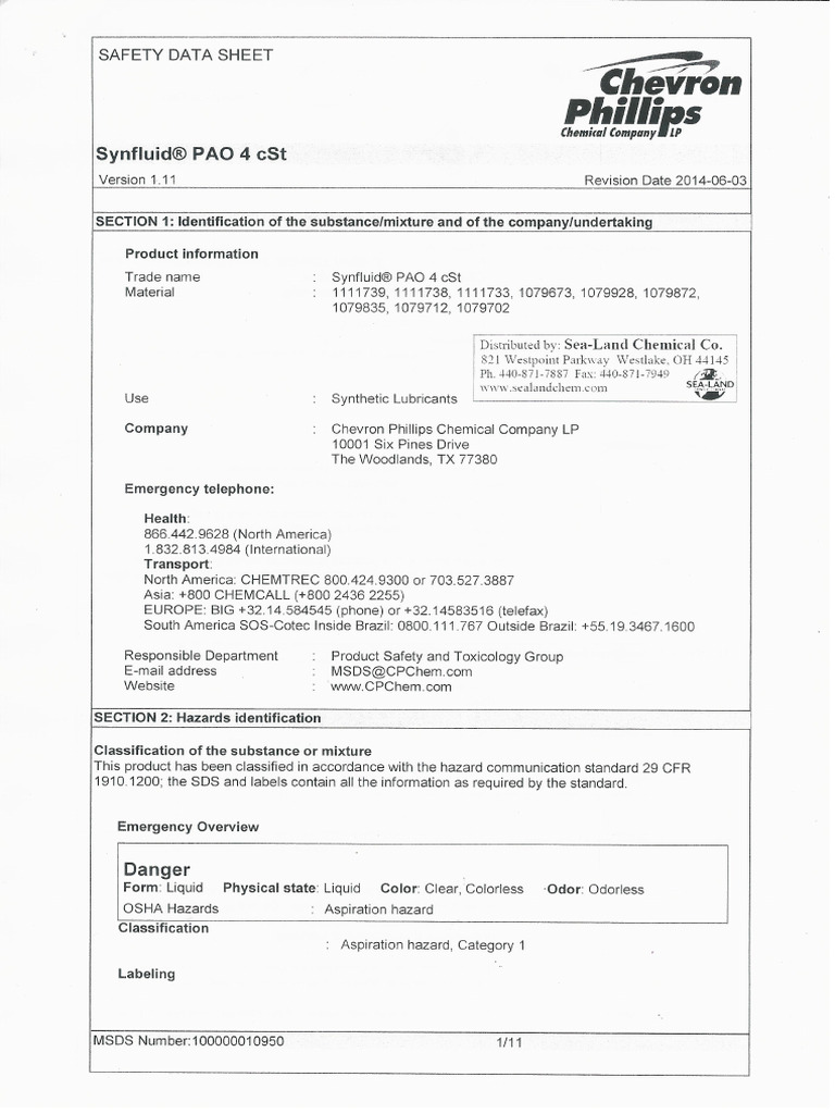 Msds Pao-4 Amery Oil | PDF